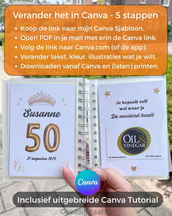 20 jr Jubileum Werk Bonboekje Vrouw – PDF en Canva Sjabloon, Geef Digitaal